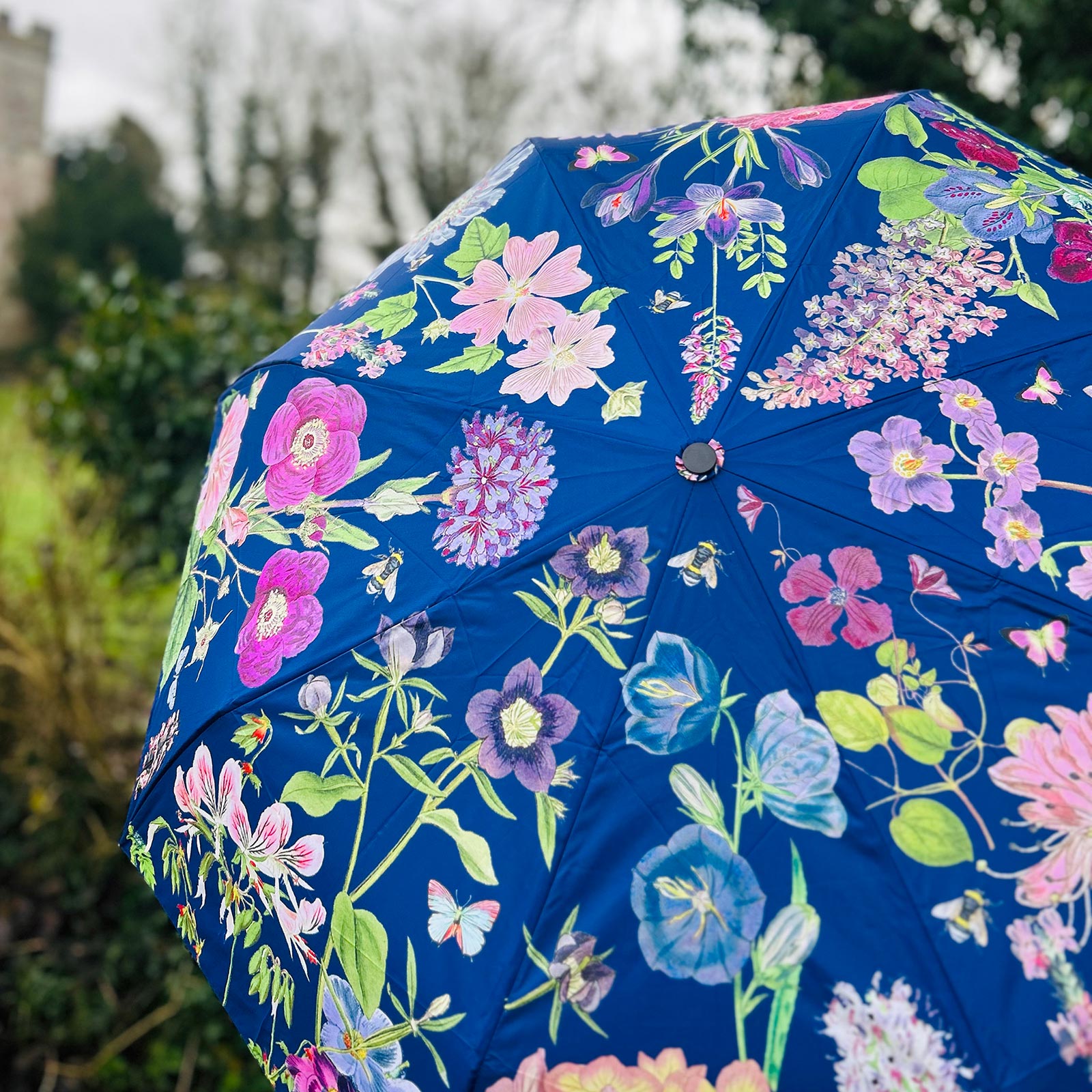 Rosehip Designs Mallow Blue Umbrella | Elegant Floral Auto Open | Stick ...
